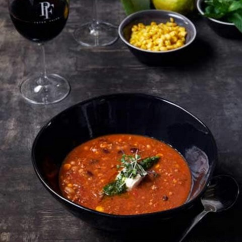 Chili con carne soup paired with Peter Falke Ruby | wine.co.za