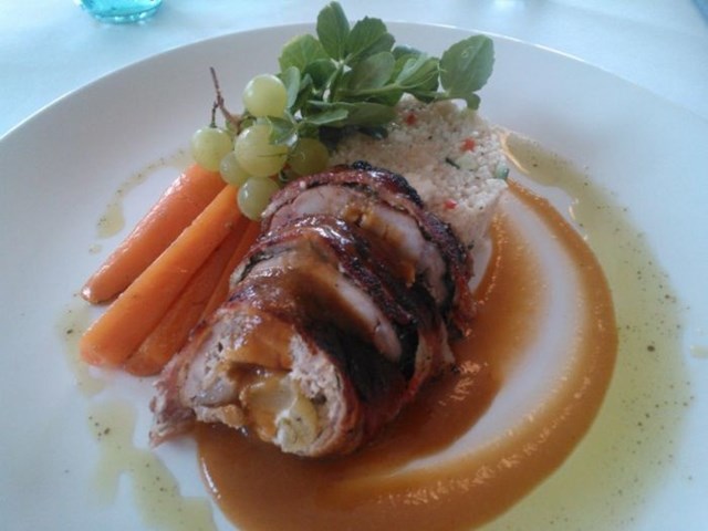 Reuben's: Rabbit roulade with apricot sauce. Served with Excelsior ...