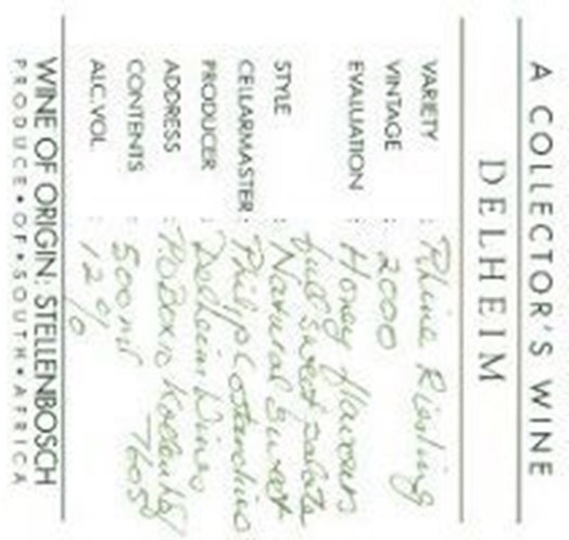 Delheim Rhine Riesling Natural Sweet 2000 | wine.co.za